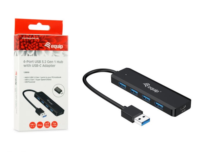 128959 4-Port USB 3.2 Gen 1 Hub with USB-C Adapter, USB-A to 4 x USB-A, 5Gbps SuperSpeed, USB ...